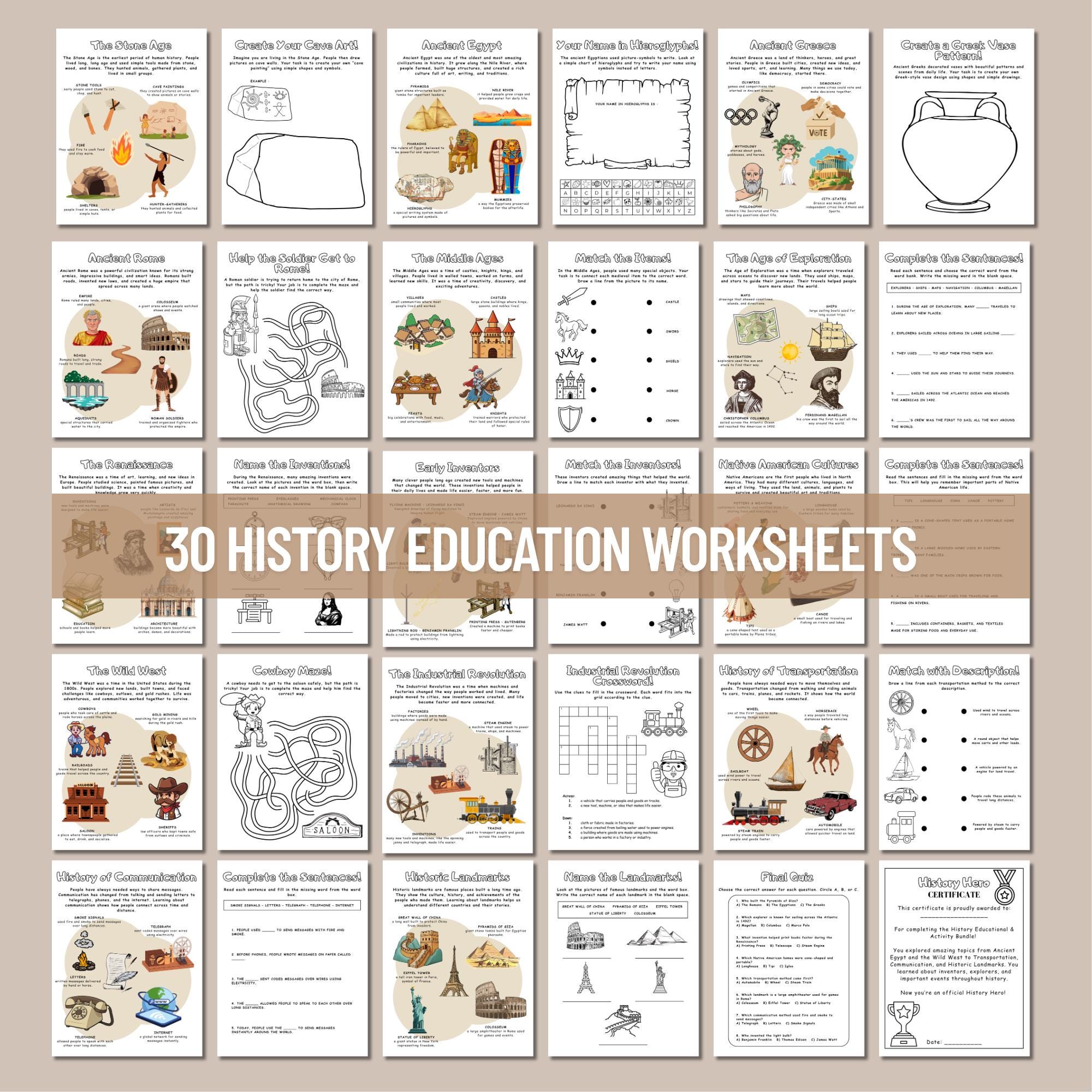 History Activity Bundle for Kids | 30 Pages | Educational Worksheets ...
