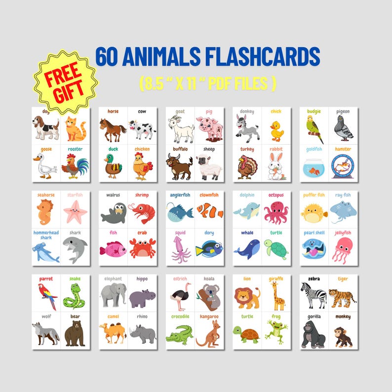 Animals Matching Cards for Kids – 60 Animal Puzzle Cards + FREE ...