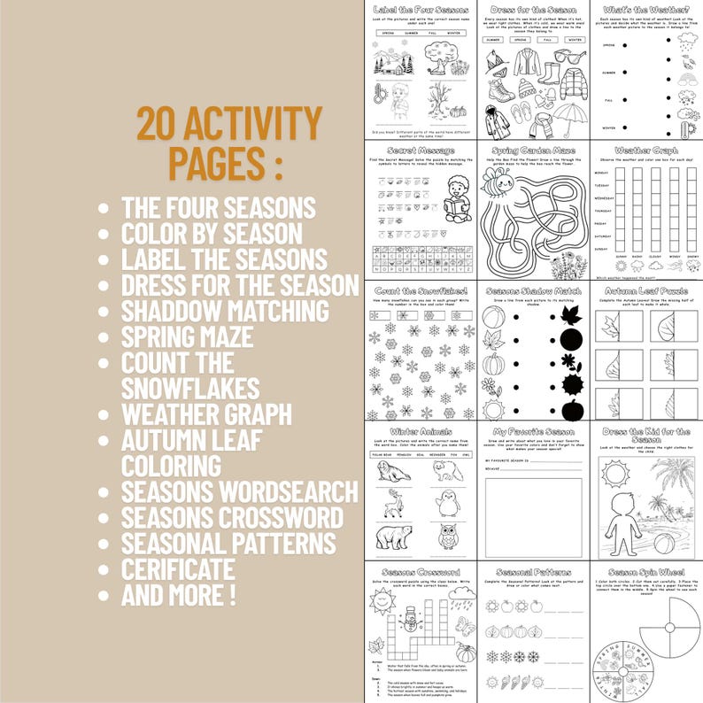 Learning Through Seasons Activity Bundle – 20 Printable Worksheets for ...