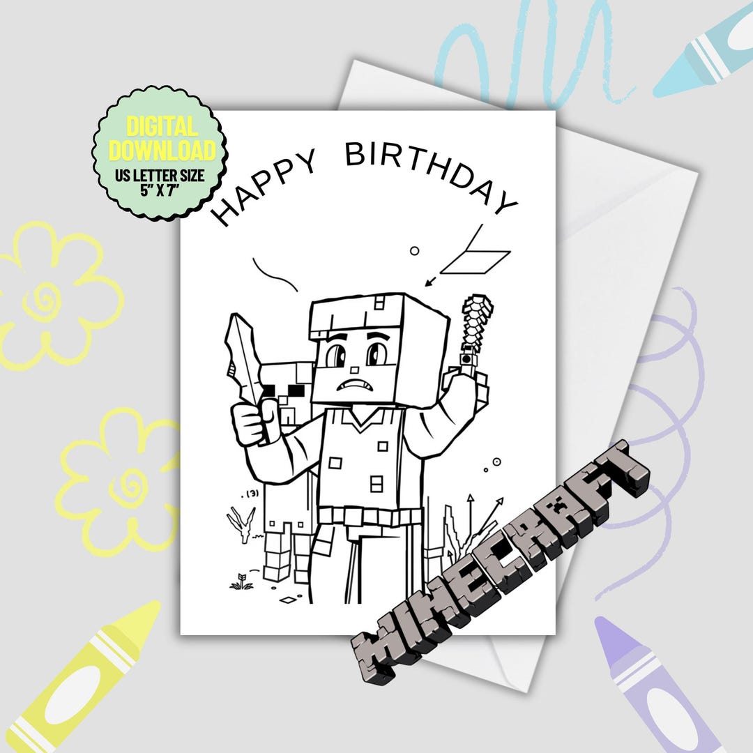 Minecraft Birthday Printable | Coloring Card for Kids | Editable Party ...