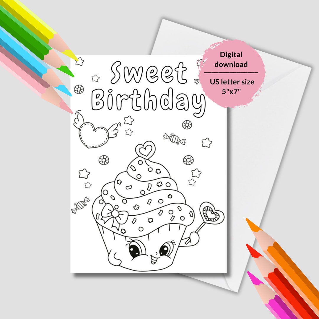 Cupcake Birthday Coloring Card: DIY Kids Activity (digital Download) - Etsy