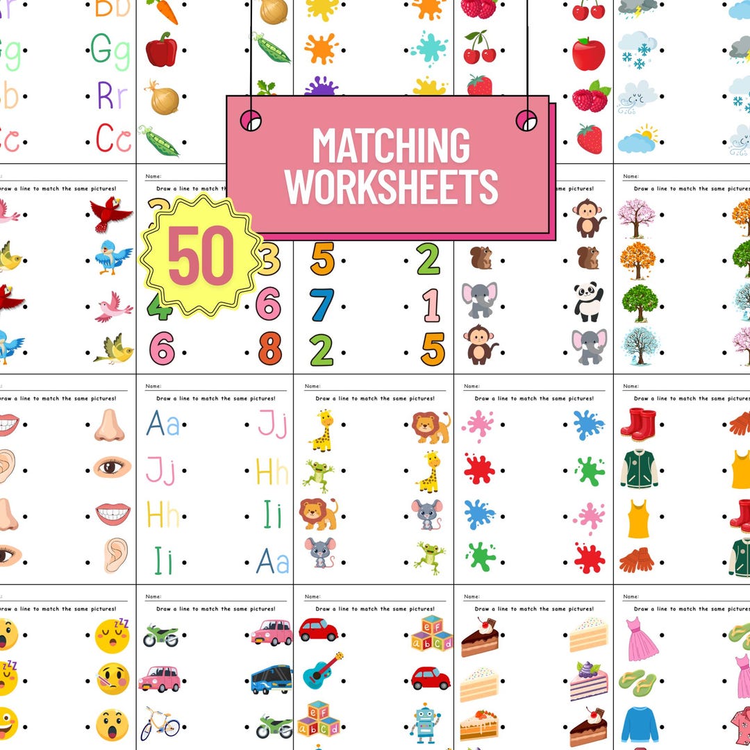 Matching Game Worksheets: Preschool Learning Activity (PDF Download, 50 ...