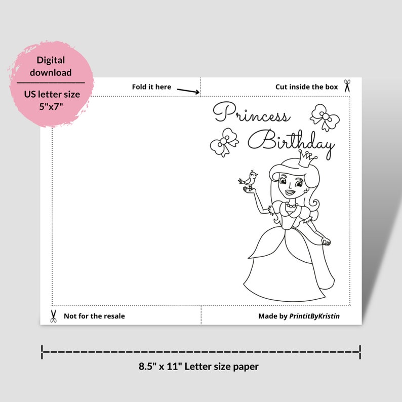 Coloring Princess Birthday Card for Kids. Printable Princess Birthday ...