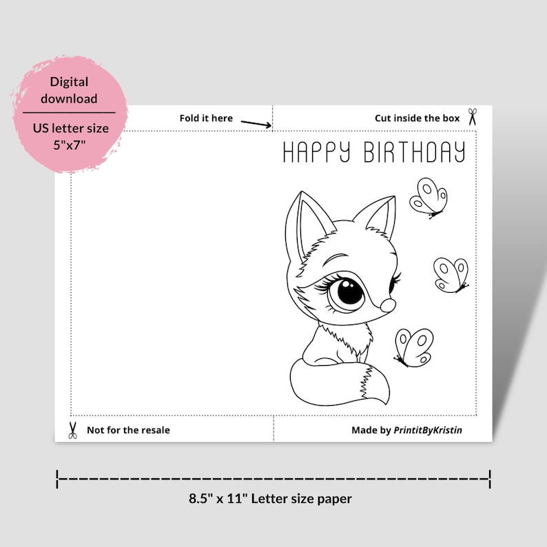 Fox Birthday Card Coloring Page for Kids (digital Download) - Etsy