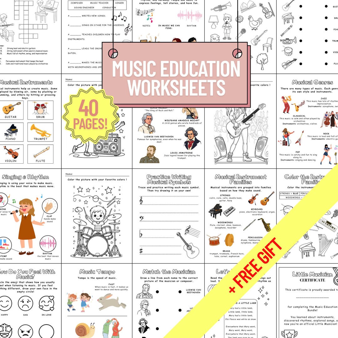 Music Theory Education Worksheets for Kids | 40 Pages Activities + Free ...