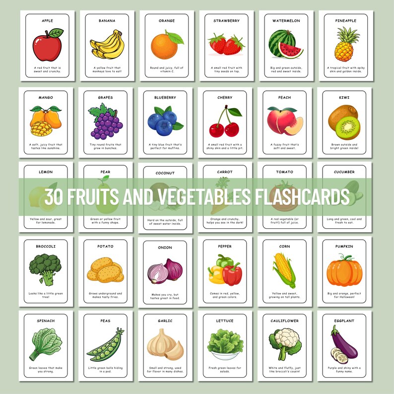 Fruits and Vegetables Flashcards | Toddler Learning Printables (PDF) - Etsy