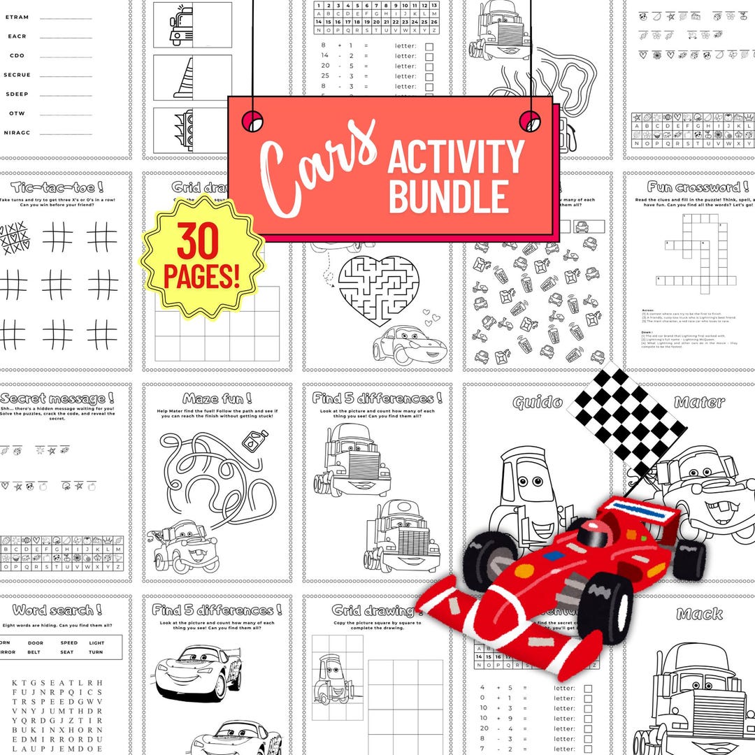Cars Activity Bundle for Kids – 30 Page Printable Pack With Games ...