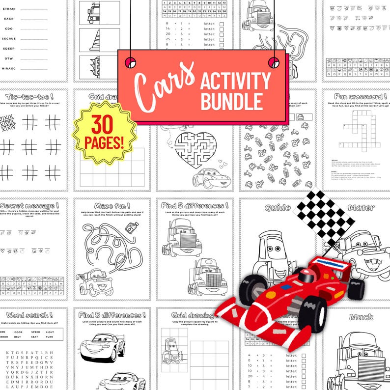 Cars Activity Bundle for Kids – 30 Page Printable Pack With Games ...