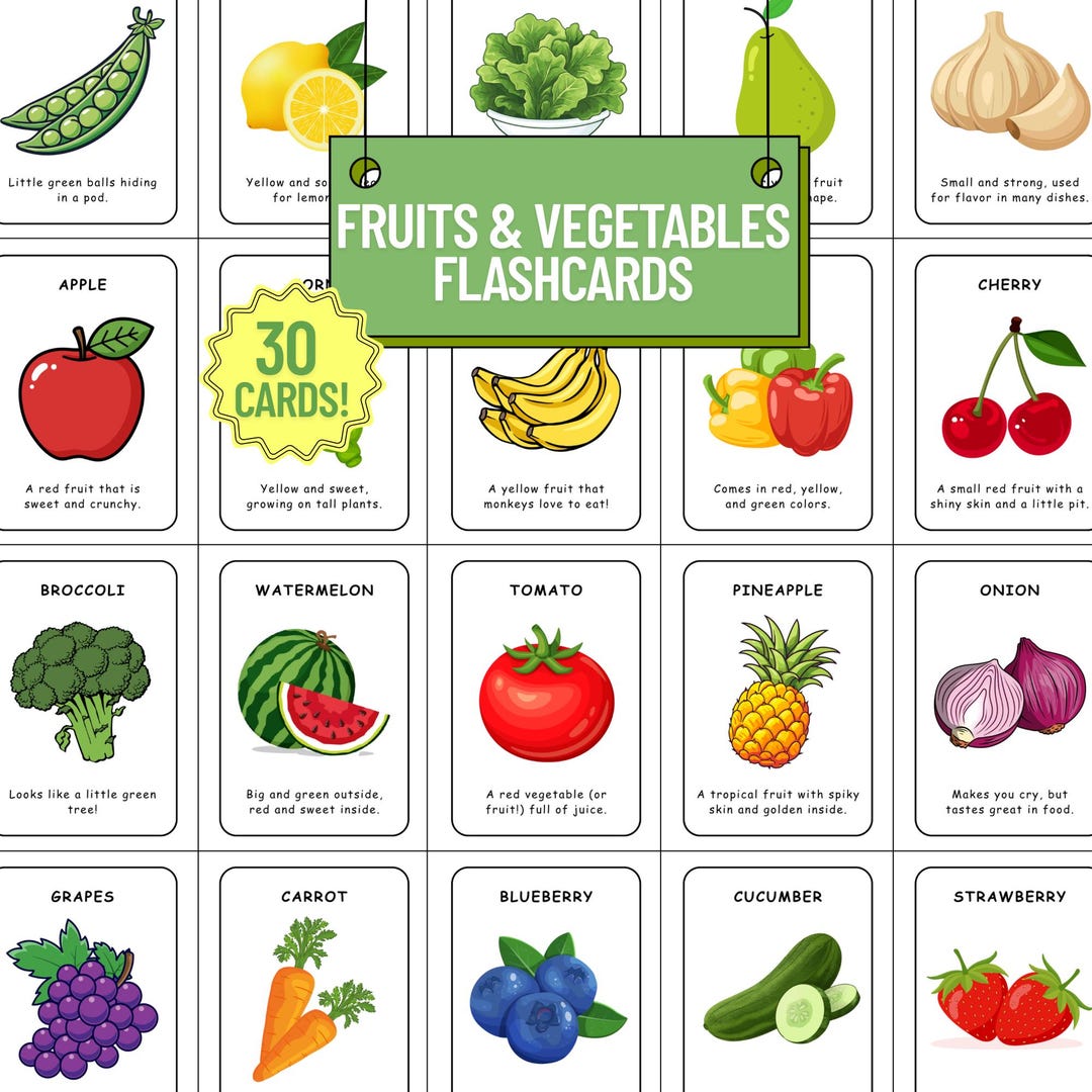 Fruits and Vegetables Flashcards | Toddler Learning Printables (PDF) - Etsy