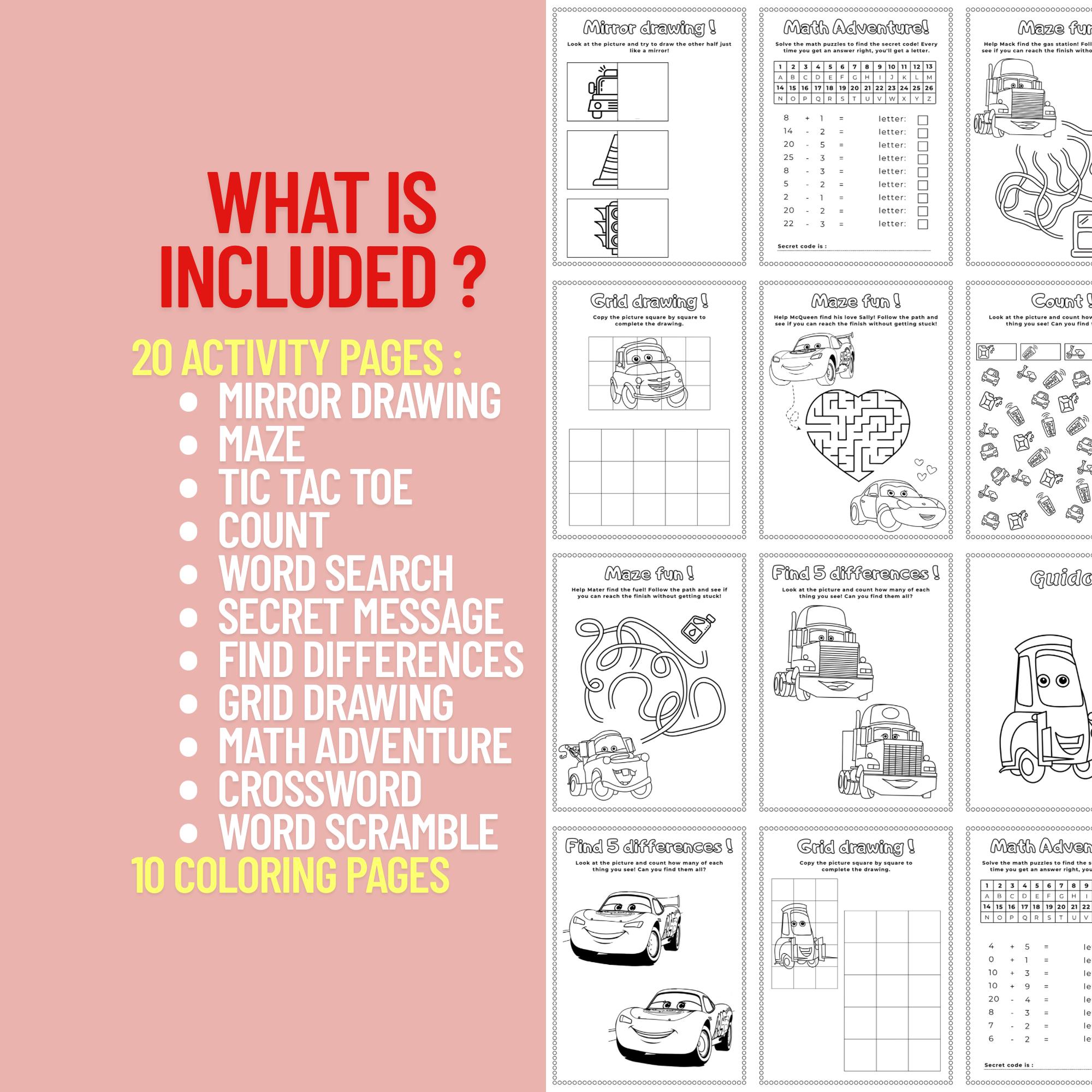 Cars Activity Bundle for Kids – 30 Page Printable Pack With Games ...