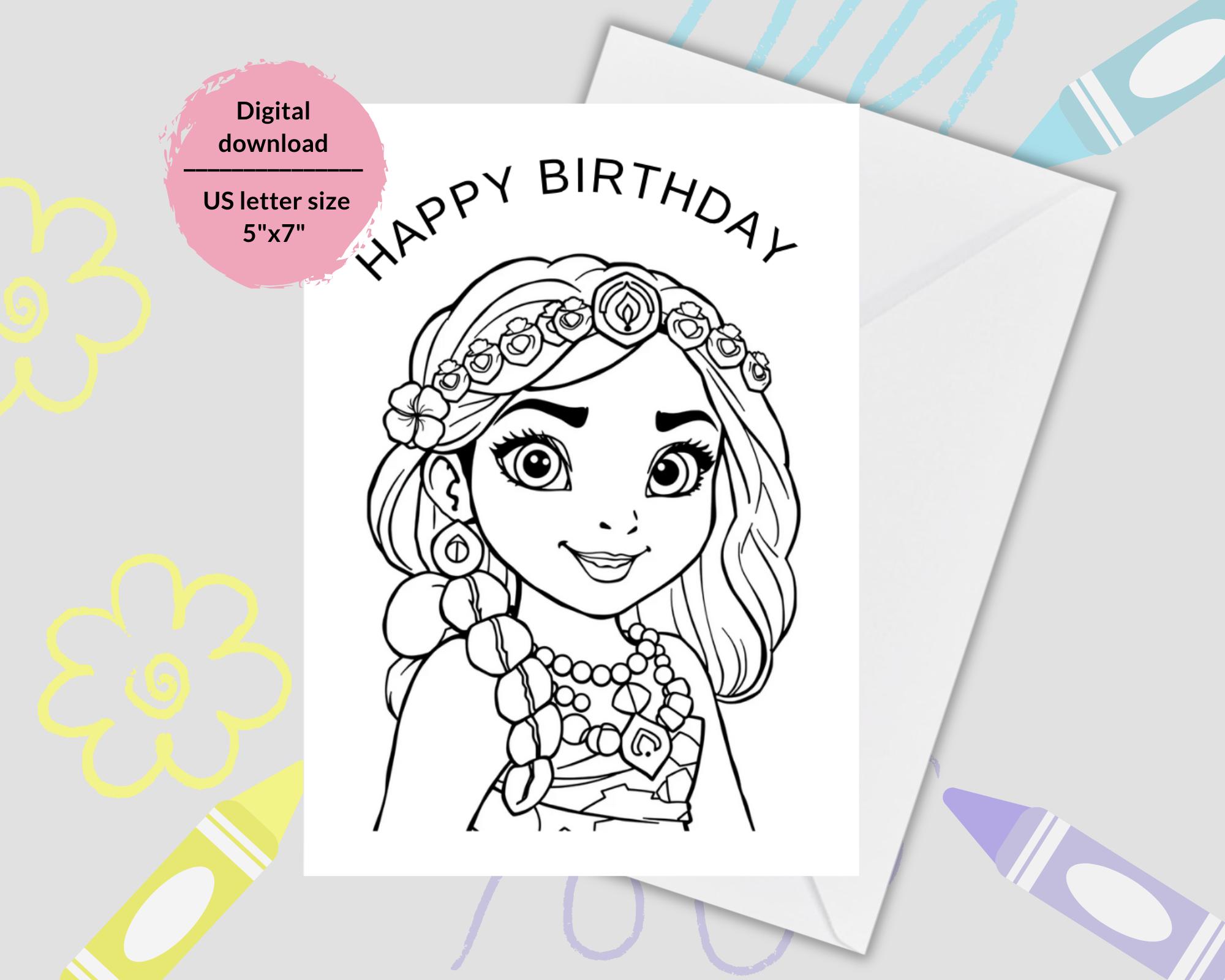 Moana Printable Coloring Birthday Card. Coloring Birthday Greeting With ...