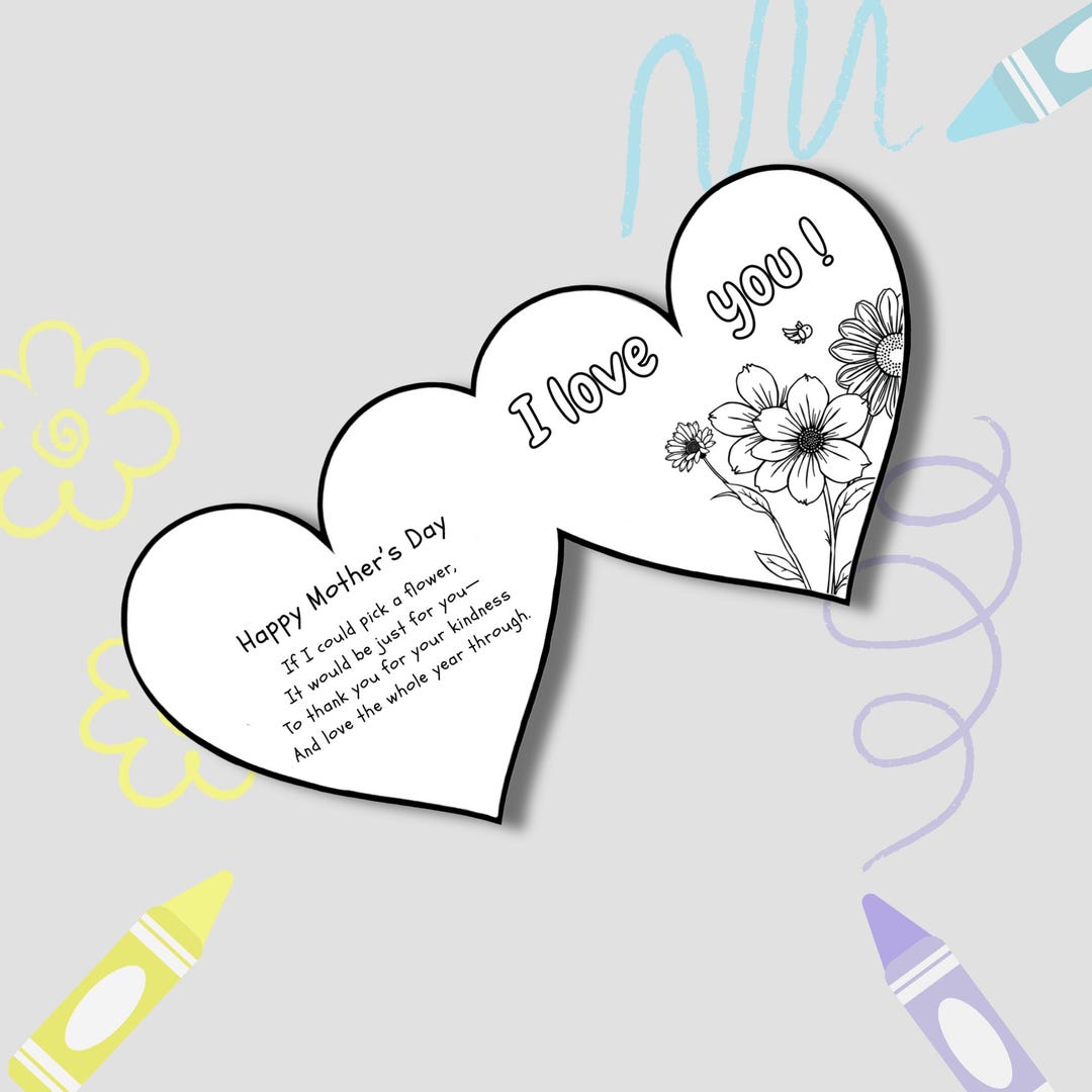 Foldable Mother's Day Heart Card – Printable Coloring Poem Card for Mom ...