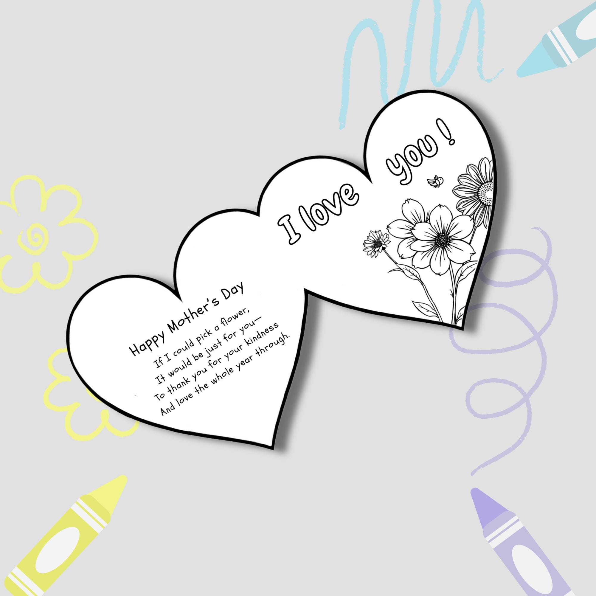 Foldable Mother's Day Heart Card – Printable Coloring Poem Card for Mom ...
