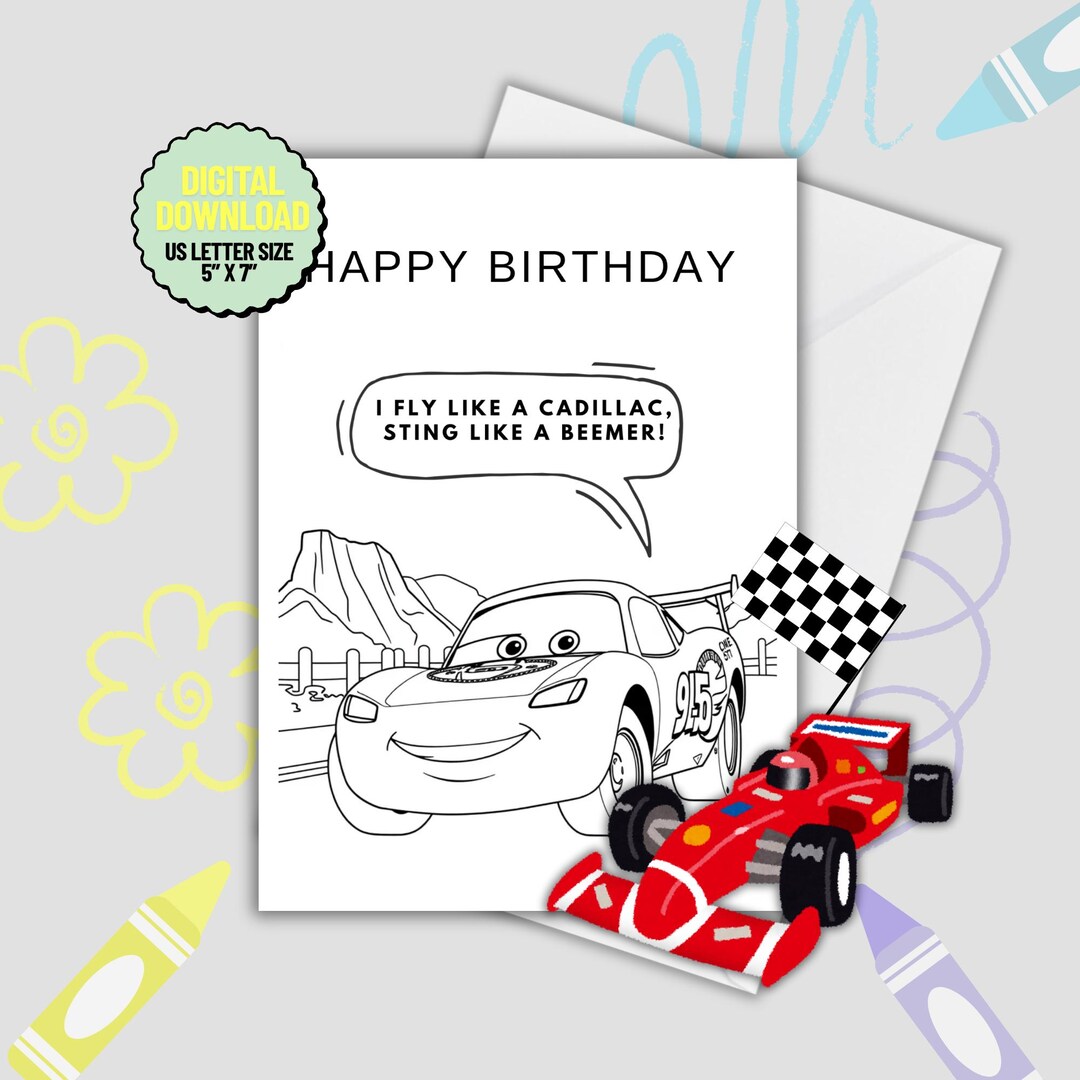 Race Car Birthday Card: DIY Coloring Activity (digital Download) - Etsy ...
