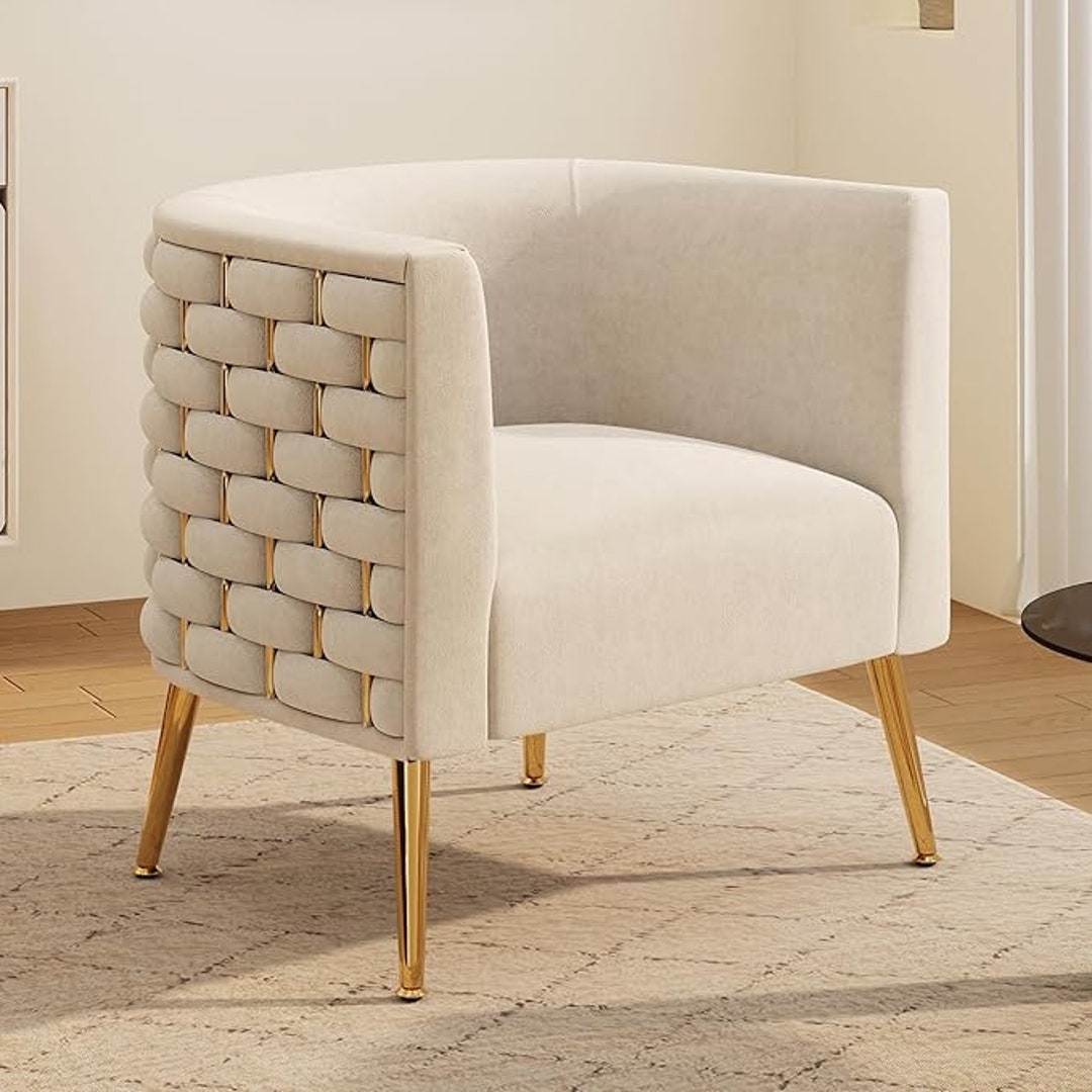 Modern Velvet Fabric Accent Chair - Comfy Handmade Woven Bucket Sofa ...