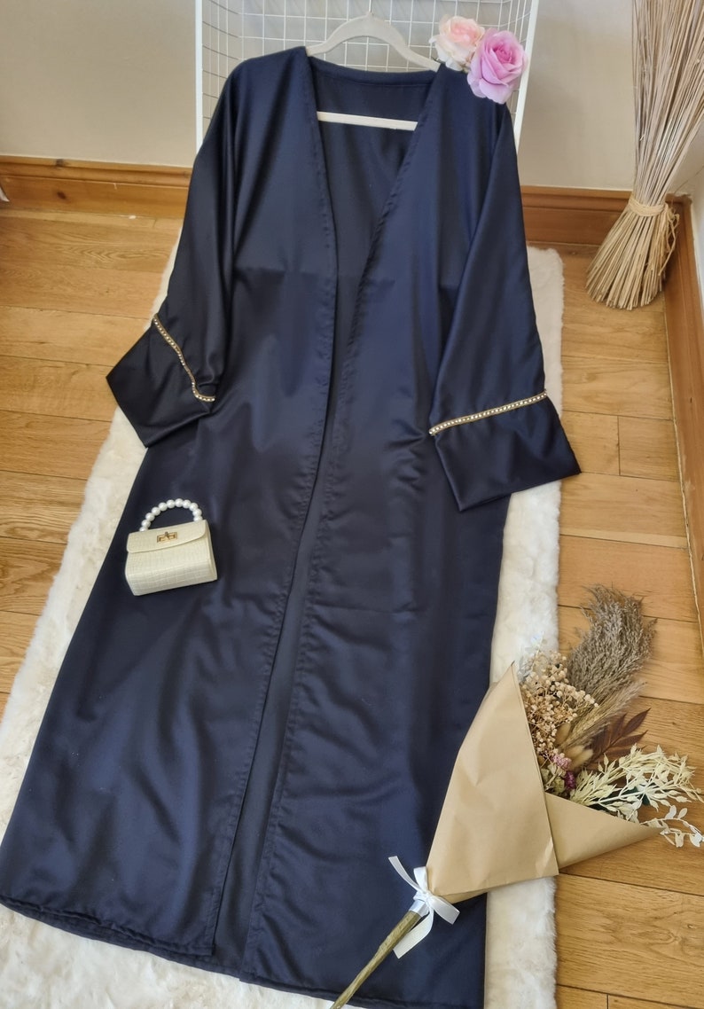 Navy Blue Satin Islamic Abaya Dress, Navy Blue Satin Luxury Abaya, Open ...