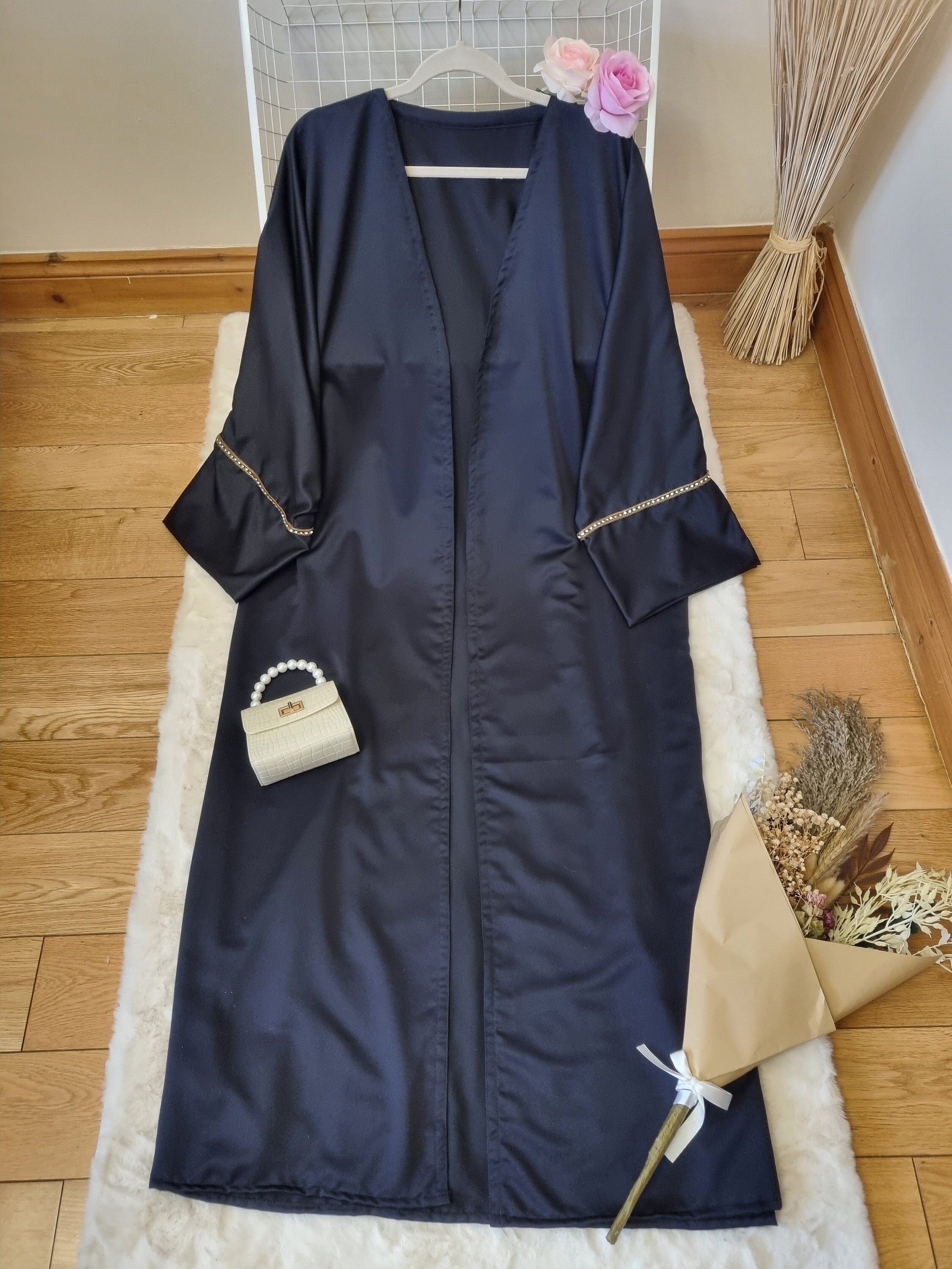 Navy Blue Satin Islamic Abaya Dress, Navy Blue Satin Luxury Abaya, Open ...