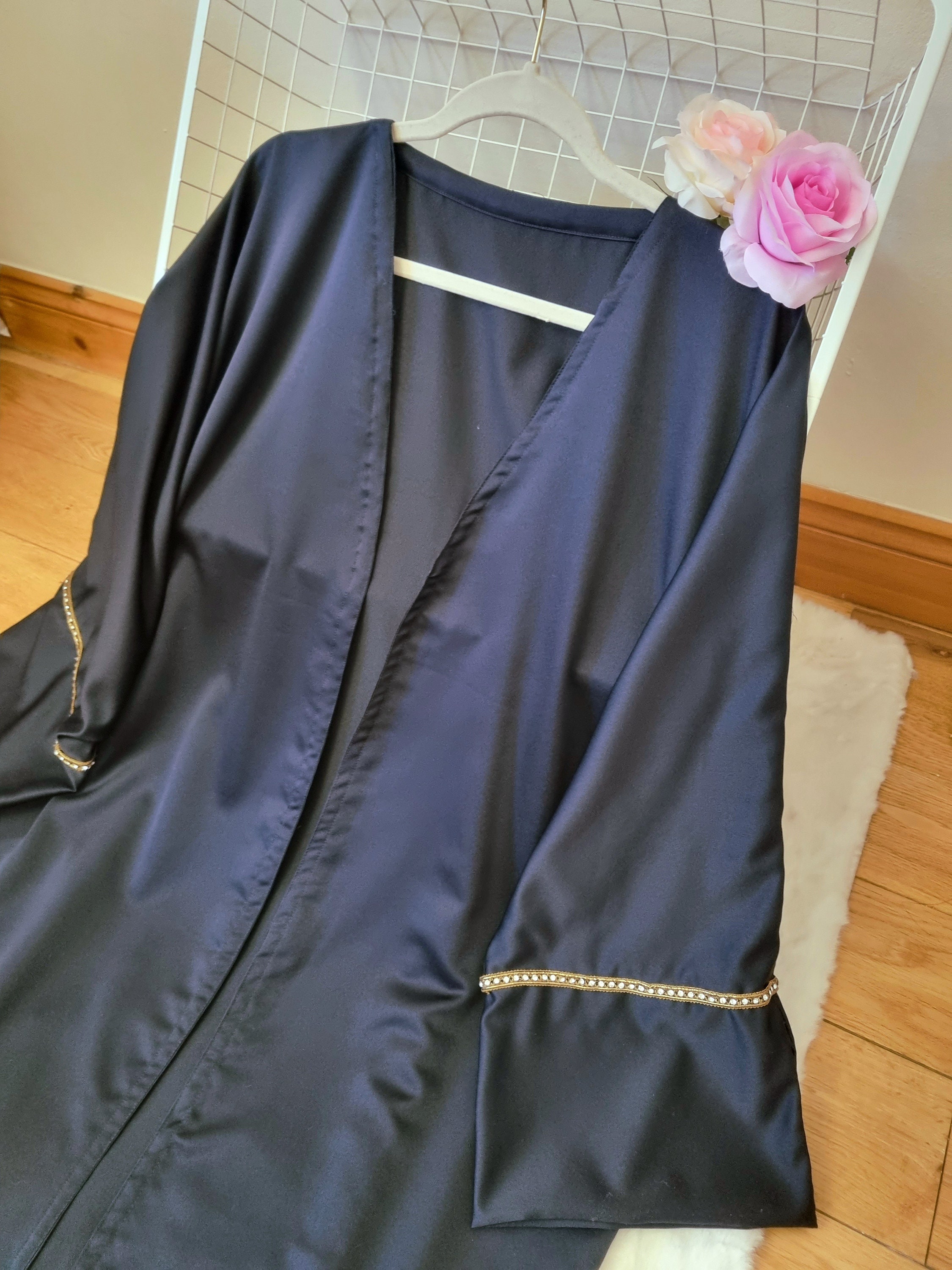 Navy Blue Satin Islamic Abaya Dress, Navy Blue Satin Luxury Abaya, Open ...