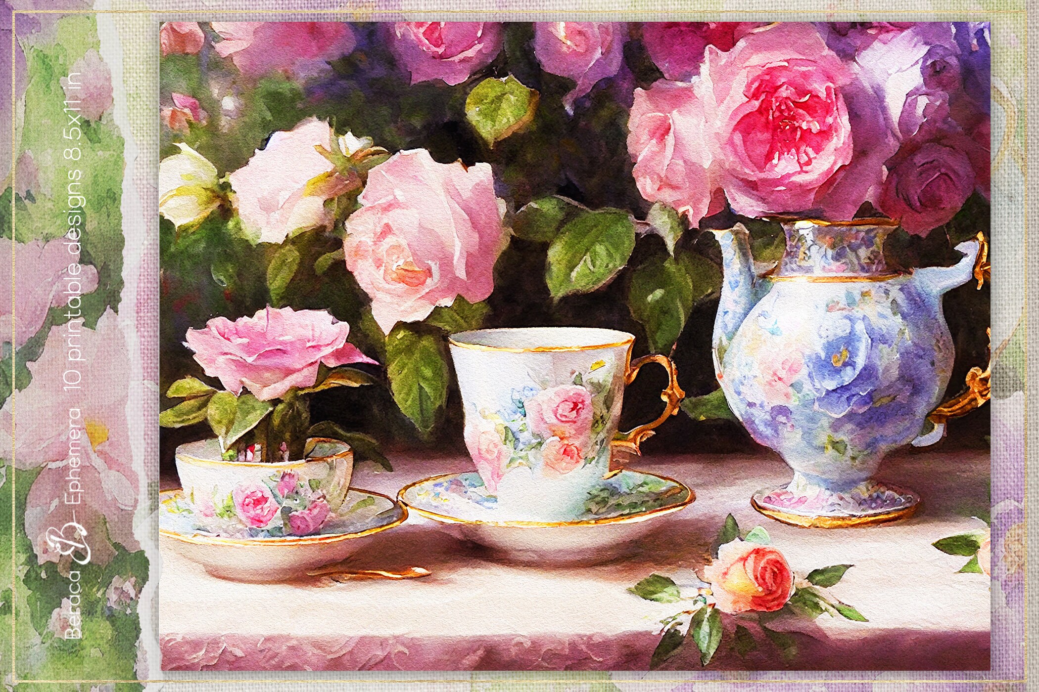 English Tea Digital Paper, Printable Paper, Elegant Floral Tea Cups ...