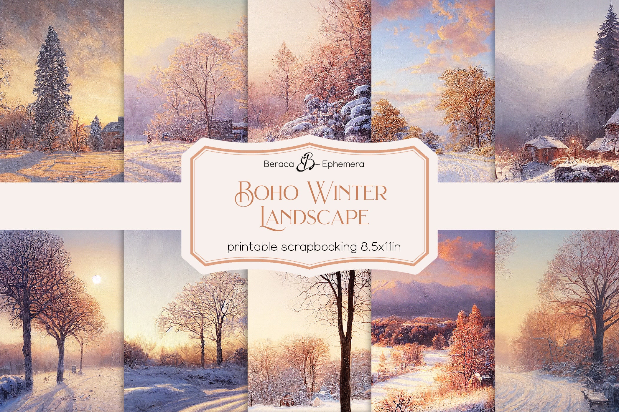 Boho Winter Landscape Digital Paper, Vintage Printable Paper, Antique ...