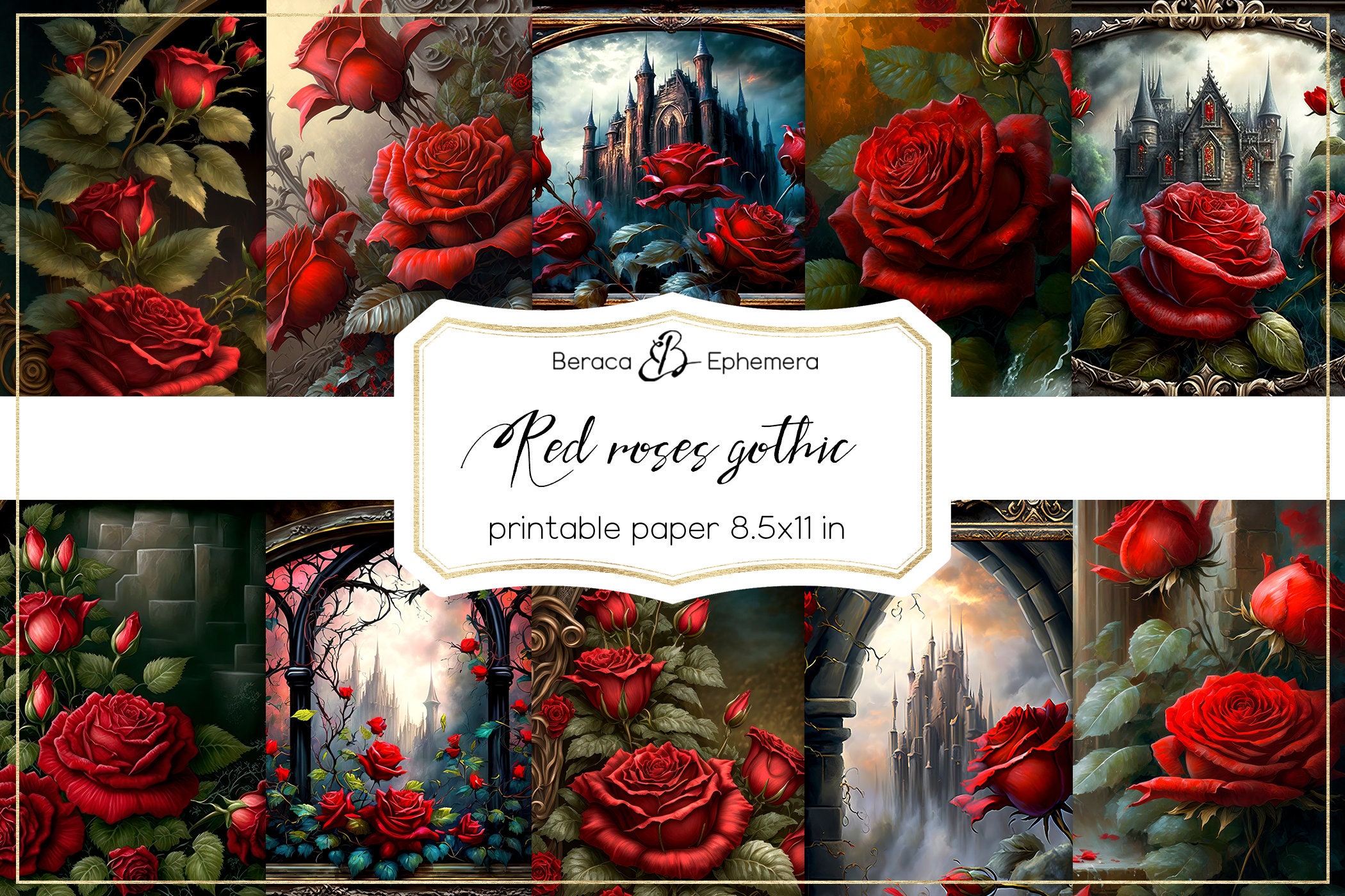 Red Roses Gothic Digital Paper, Printable Paper, Gothic Castle ...