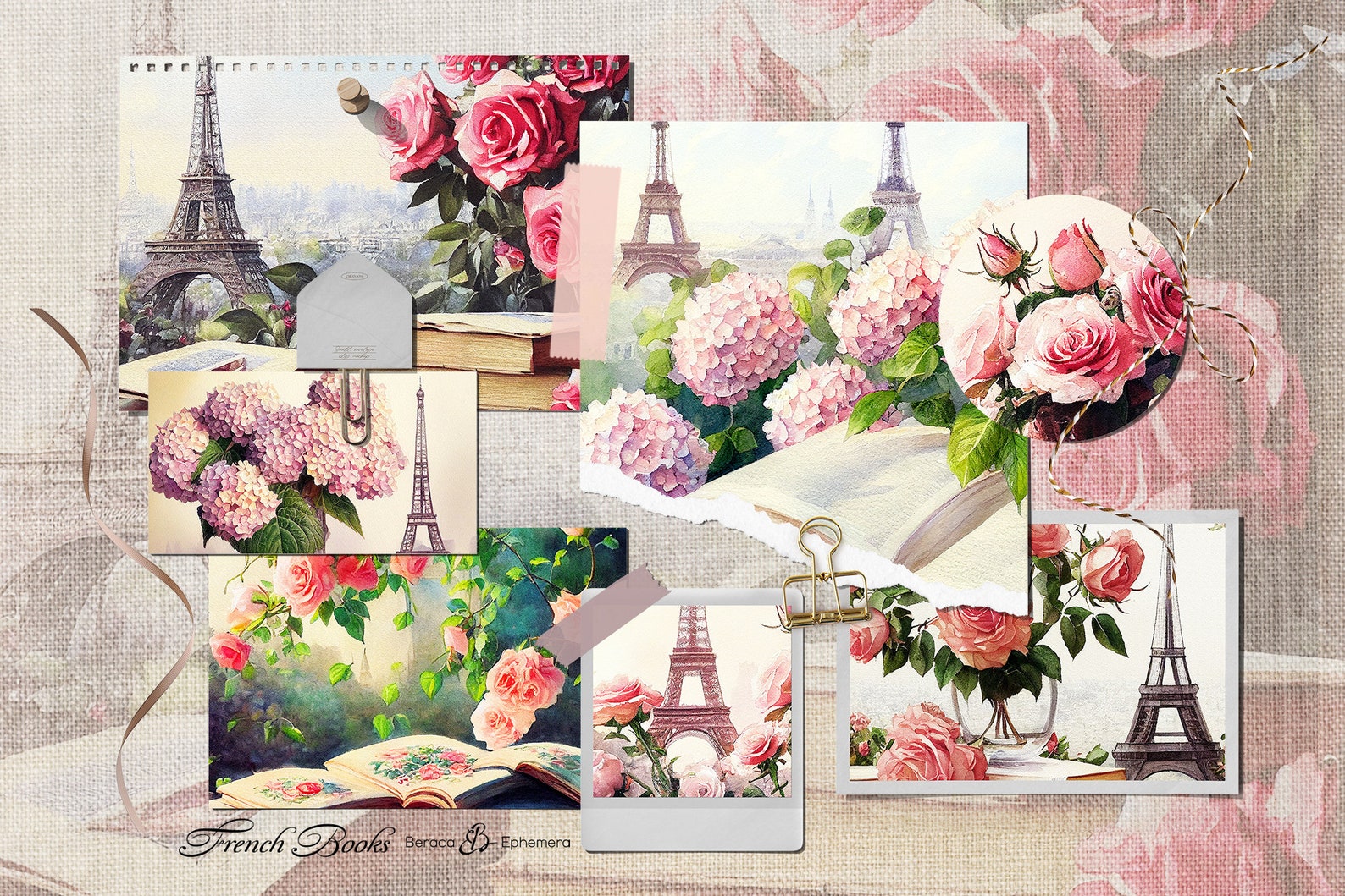 French Books Digital Paper, Printable Paper, Paris Background, Eiffel ...