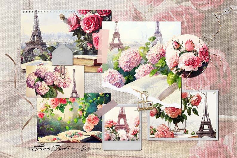 French Books Digital Paper, Printable Paper, Paris Background, Eiffel ...