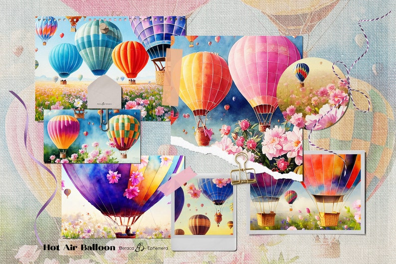 Hot Air Balloon Digital Paper, Printable Paper, Pink Floral Background ...