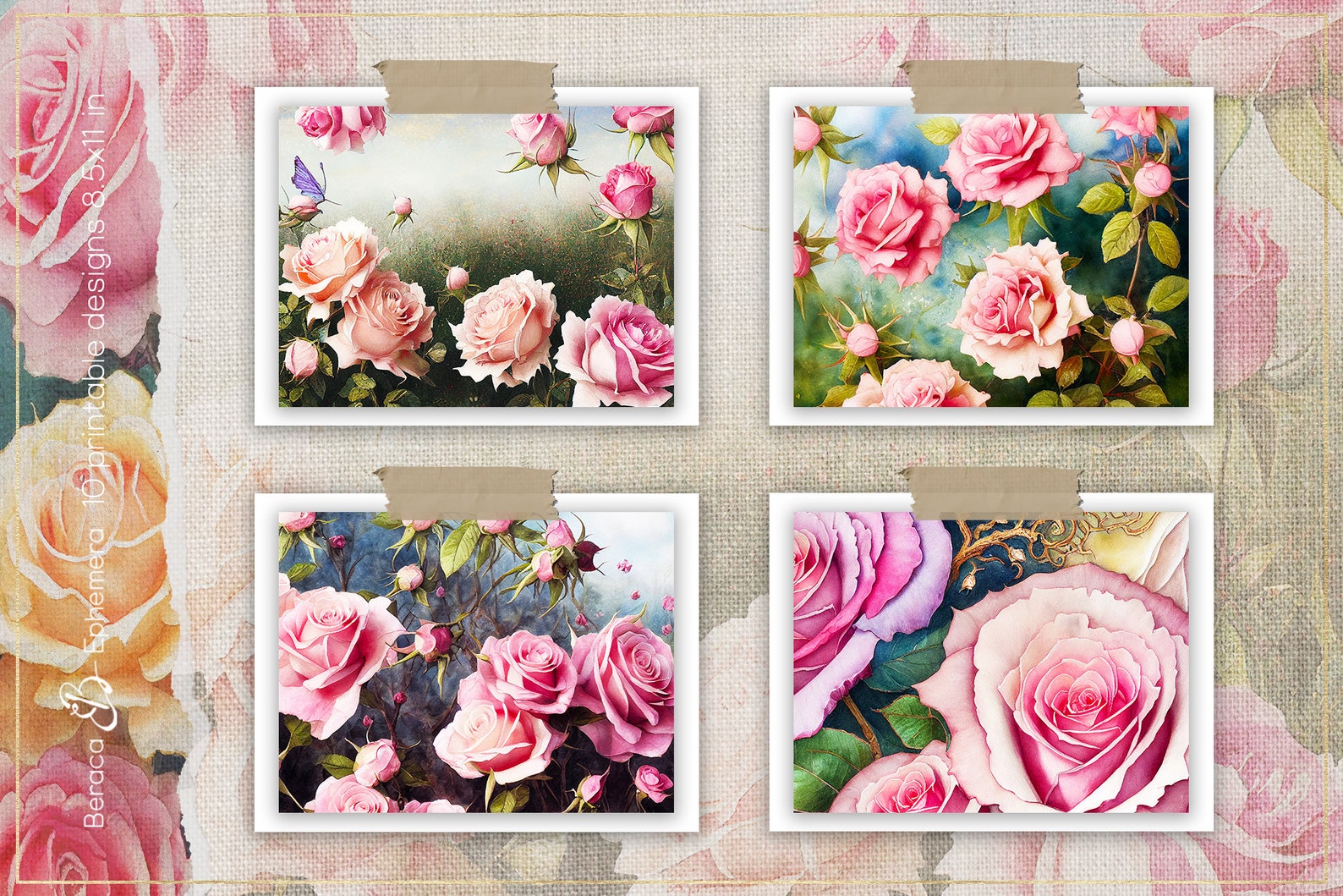 Rose Garden Digital Paper Printable Paper Pink Roses - Etsy