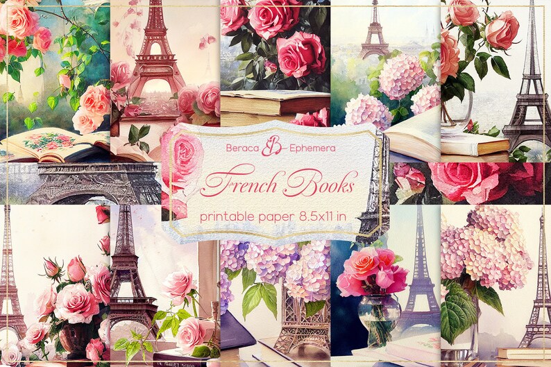 French Books Digital Paper, Printable Paper, Paris Background, Eiffel ...