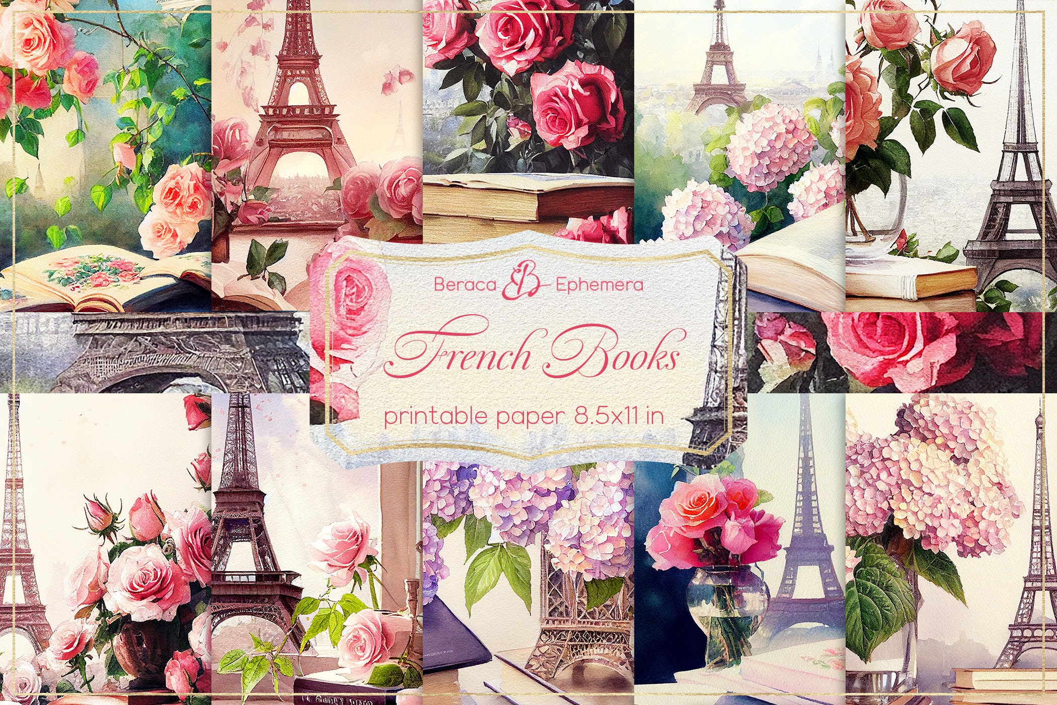 French Books Digital Paper, Printable Paper, Paris Background, Eiffel ...