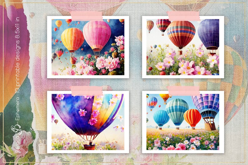 Hot Air Balloon Digital Paper, Printable Paper, Pink Floral Background ...