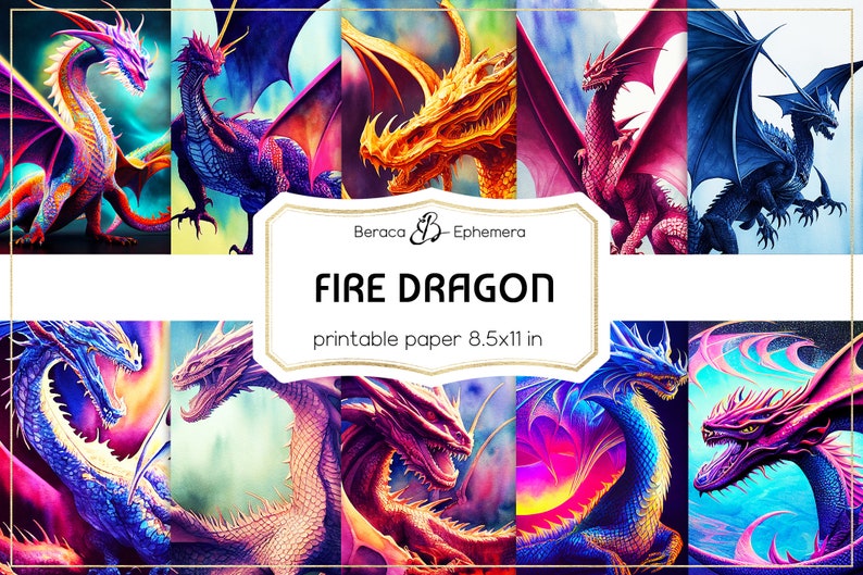 Fire Dragon Digital Paper, Printable Paper, Magical Scrapbooking Paper ...