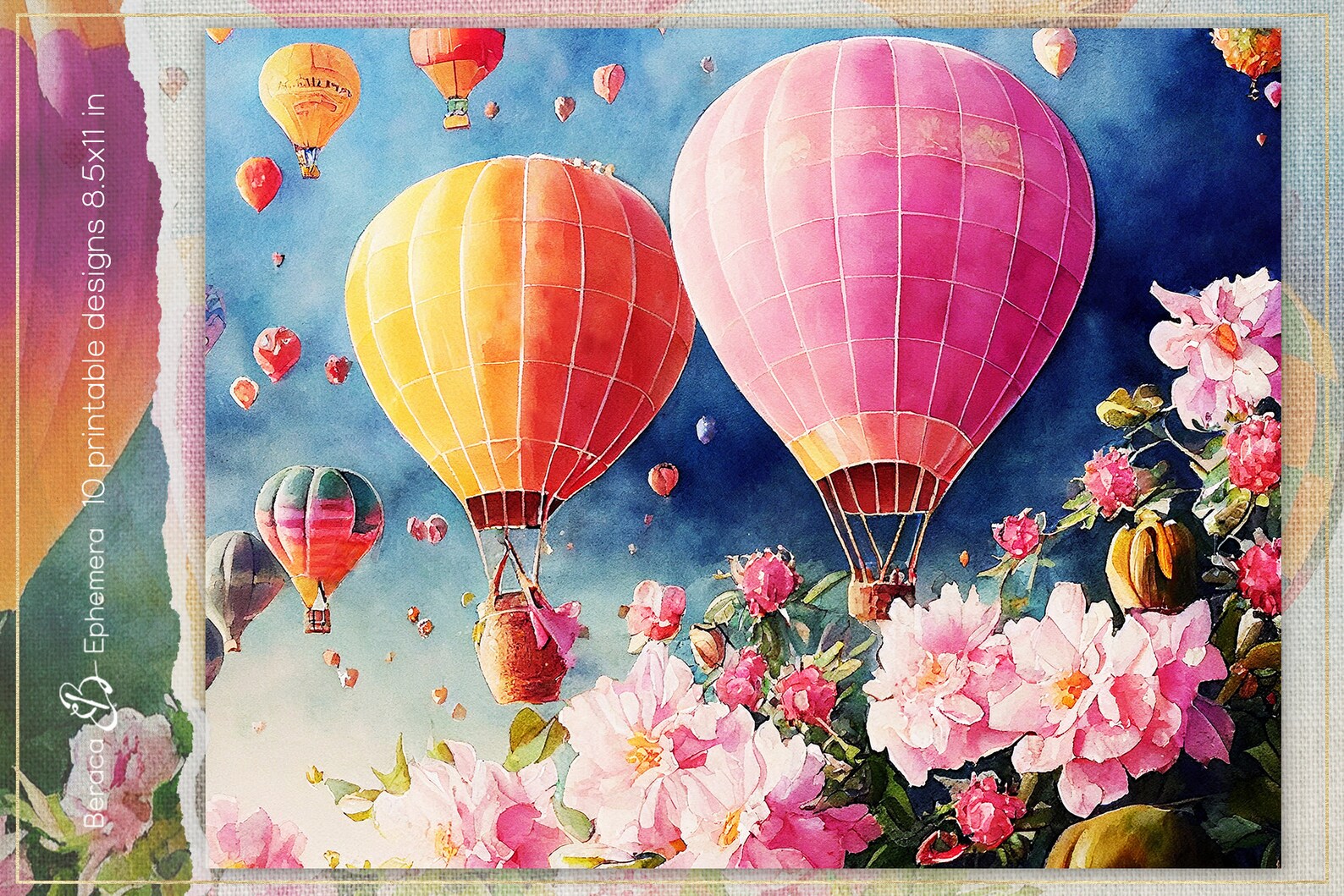 Hot Air Balloon Digital Paper, Printable Paper, Pink Floral Background ...