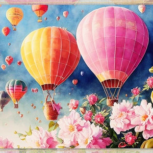 Hot Air Balloon Digital Paper, Printable Paper, Pink Floral Background ...