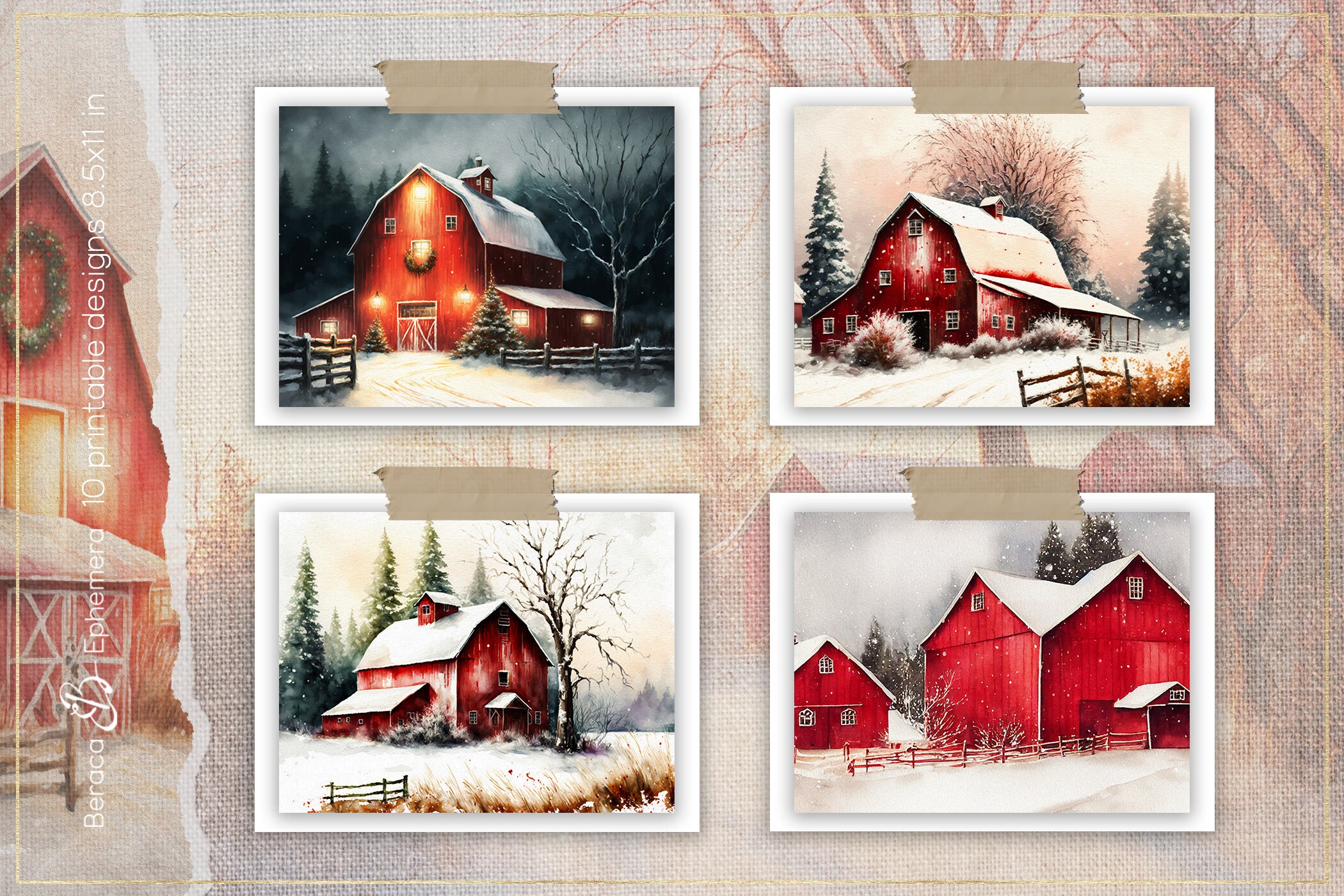Winter Red Barn Digital Paper, Printable Paper, AI Digital Watercolor ...