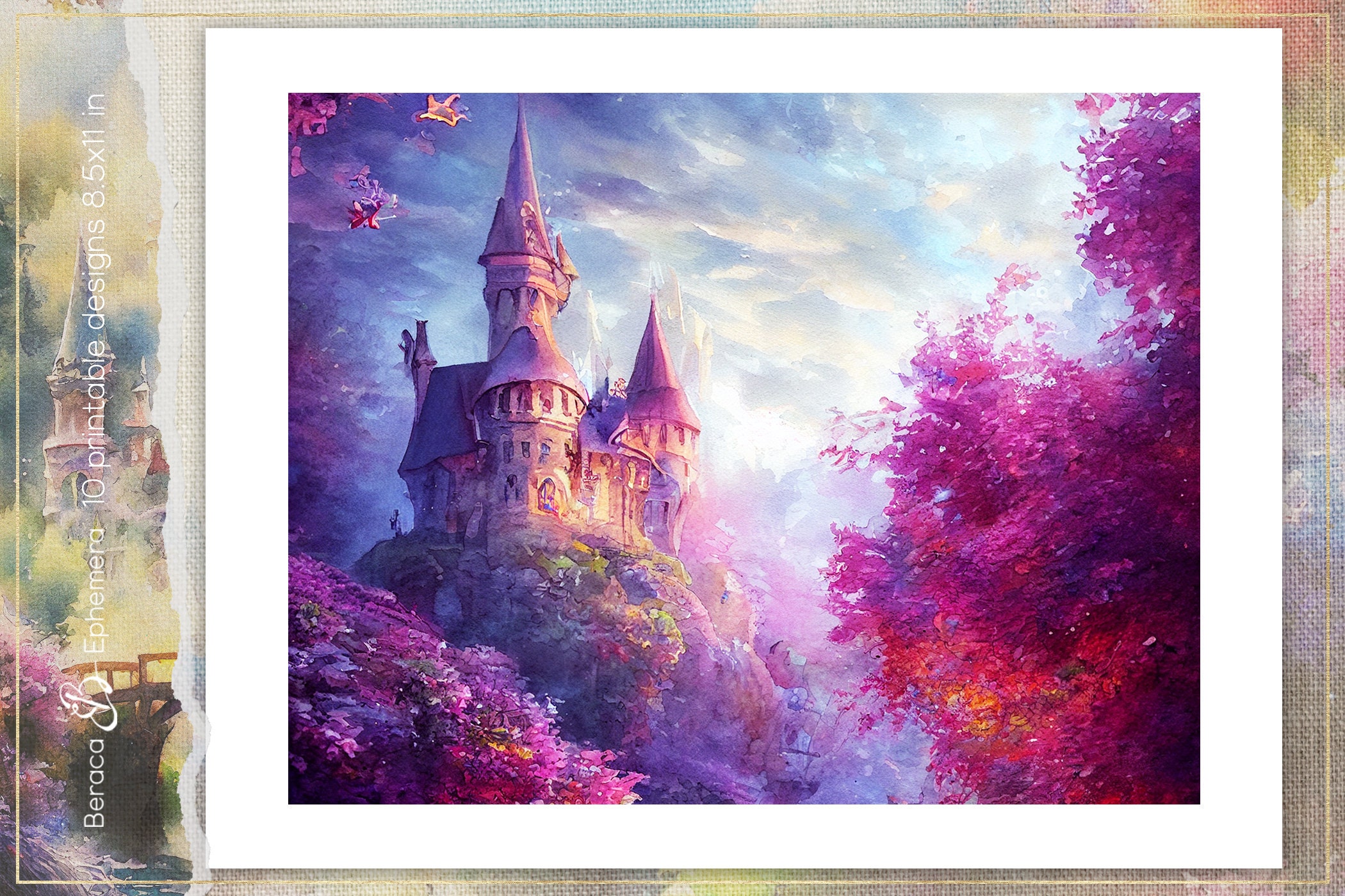Ethereal Castle Digital Paper, Printable Paper, Watercolor Fantasy ...