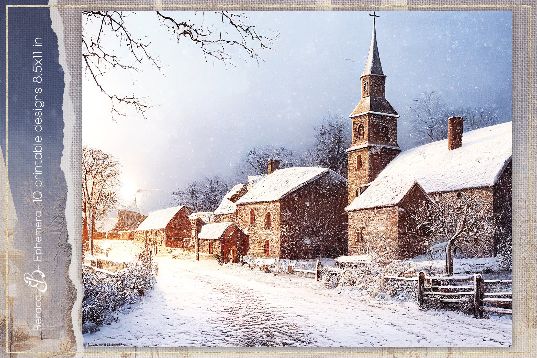 Village Church Digital Paper, Winter Printable Scrapbook, Antique Oil ...