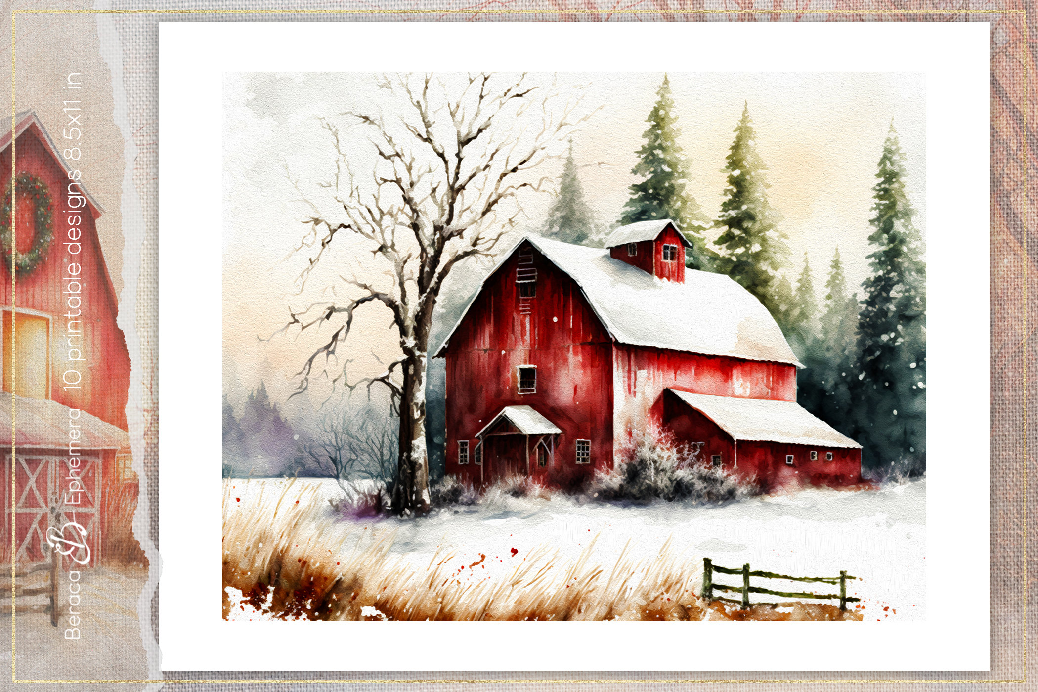 Winter Red Barn Digital Paper, Printable Paper, AI Digital Watercolor ...