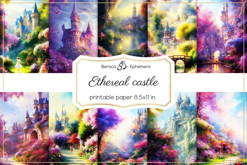 Ethereal Castle Digital Paper, Printable Paper, Watercolor Fantasy ...