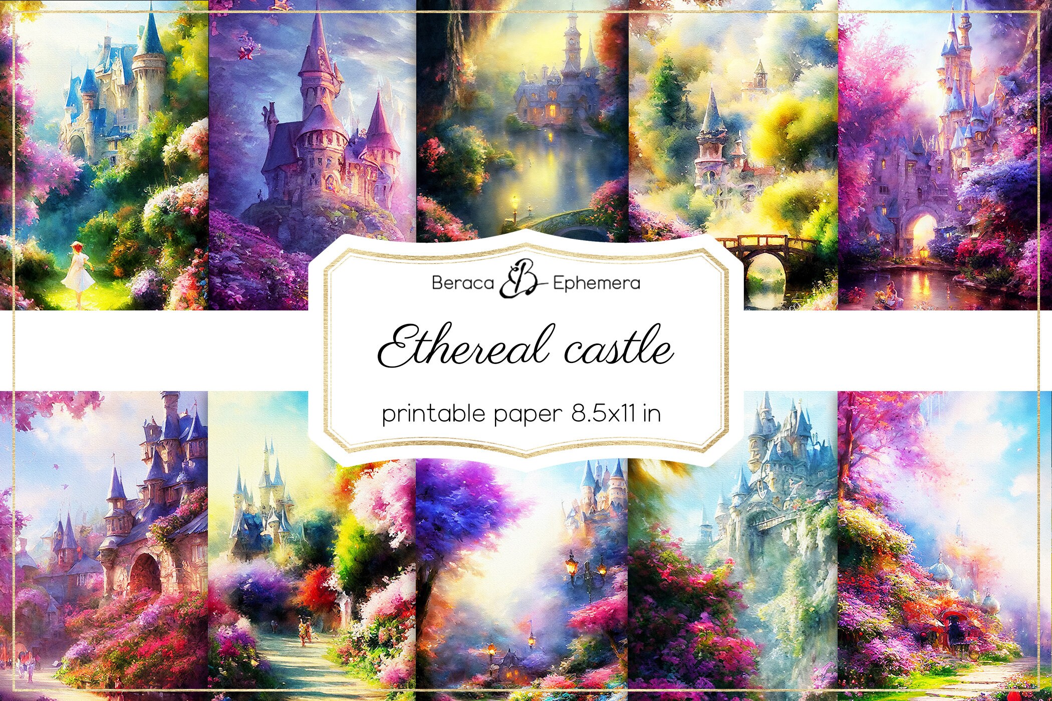 Ethereal Castle Digital Paper, Printable Paper, Watercolor Fantasy ...