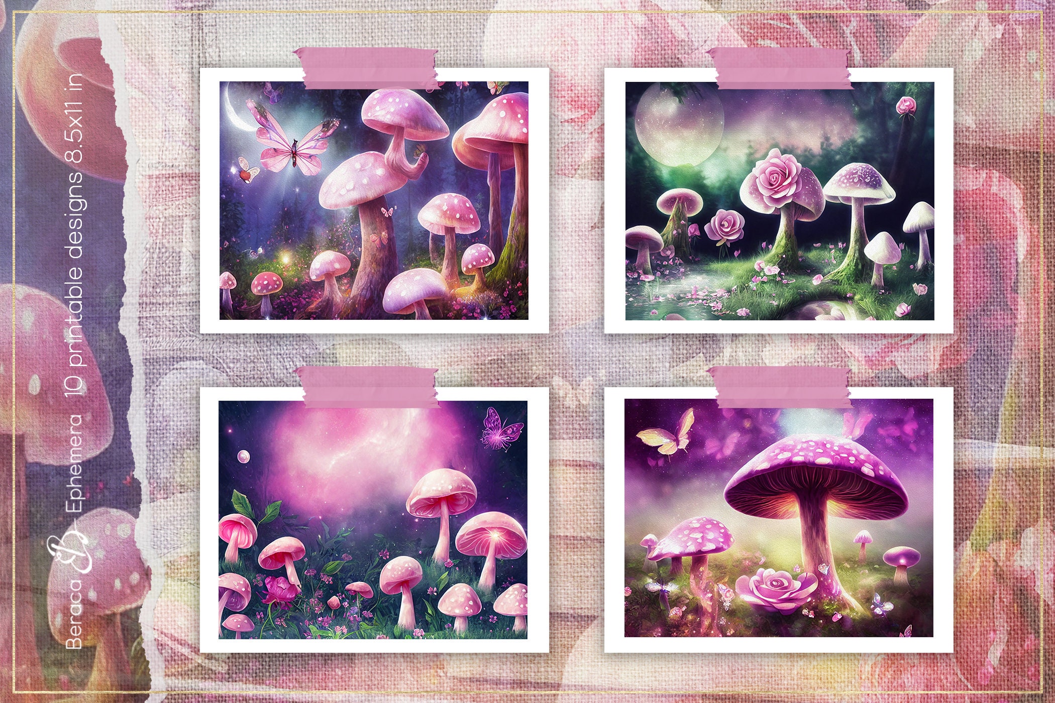 Purple Mushrooms Digital Paper, Printable Paper, Fantasy Background ...