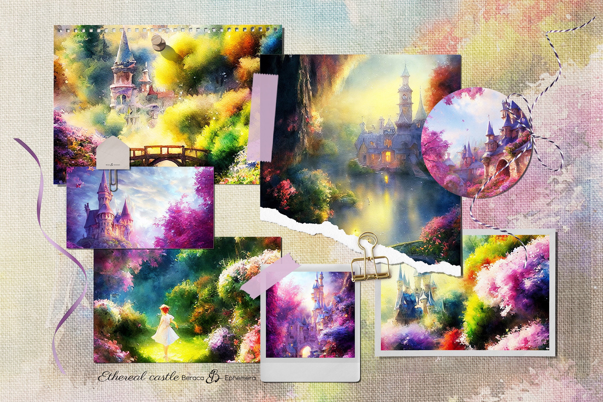 Ethereal Castle Digital Paper, Printable Paper, Watercolor Fantasy ...