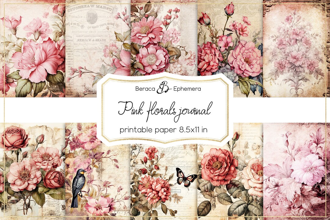 Pink Floral Journal, Pink Rose Digital Paper, Pink Roses Printable ...