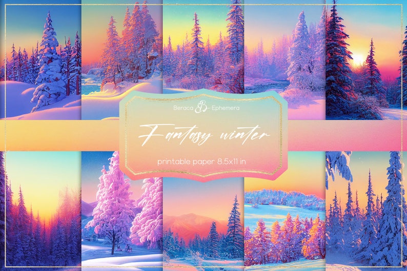 Fantasy Winter Digital Paper, Snow Printable Paper, Whimsical ...