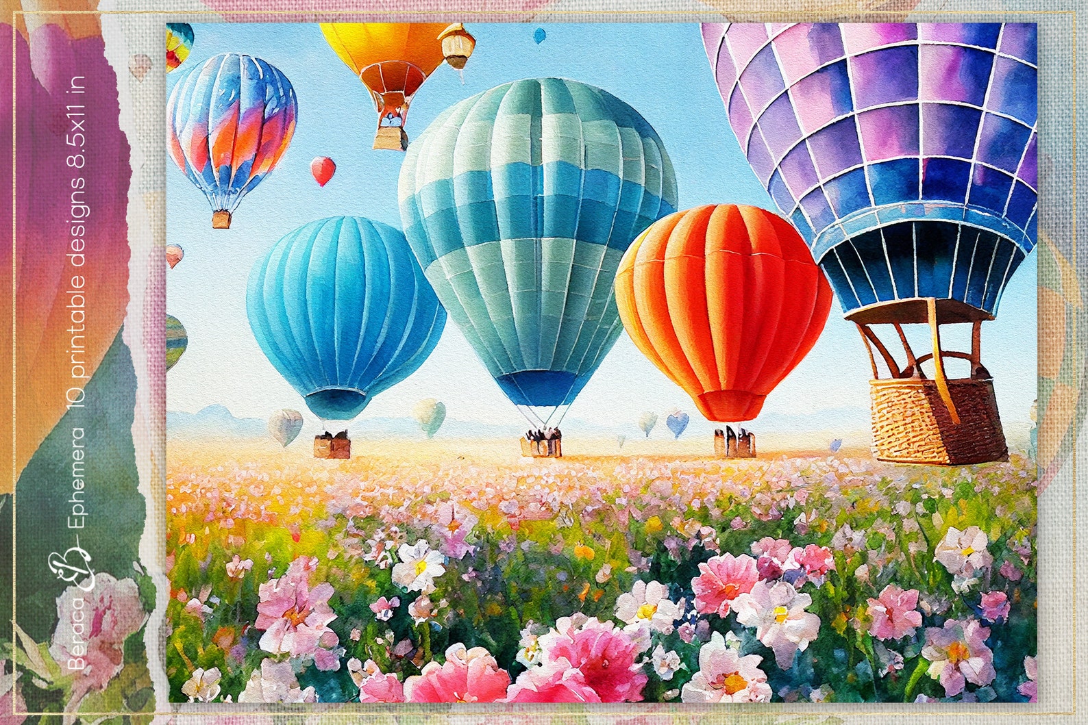 Hot Air Balloon Digital Paper, Printable Paper, Pink Floral Background ...