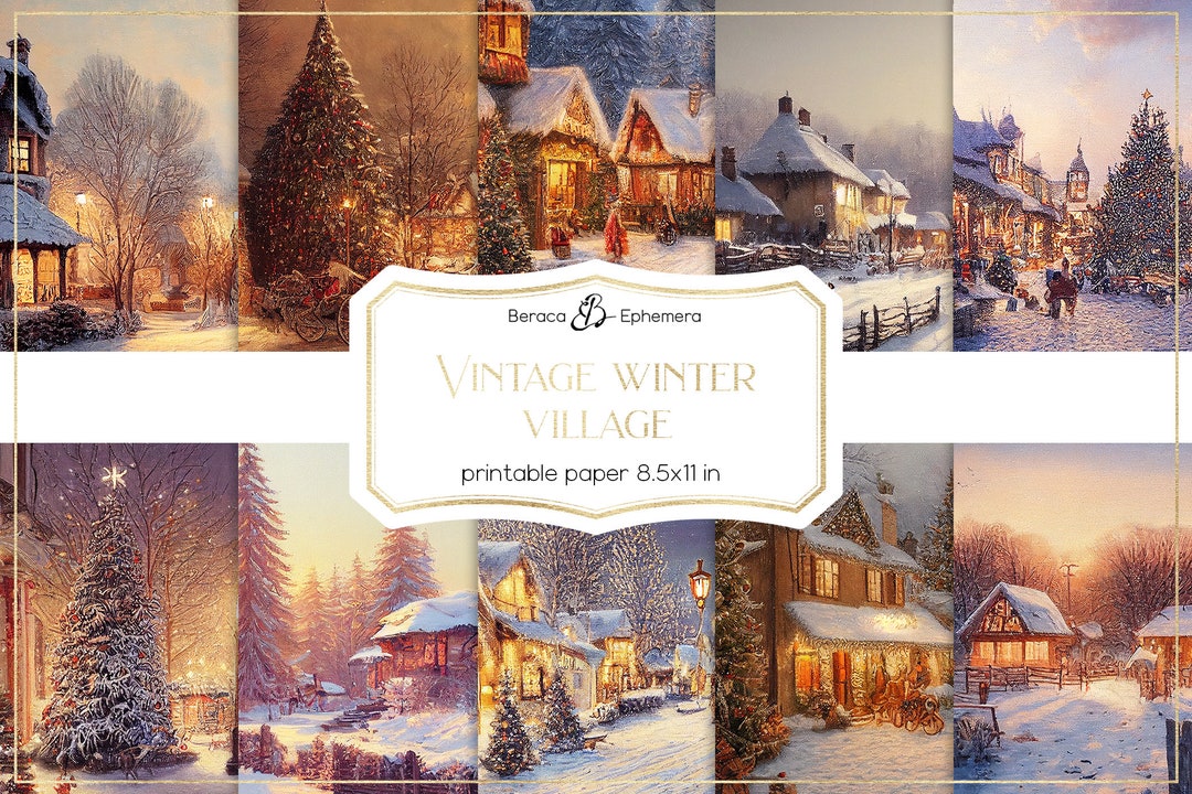 Vintage Winter Village Digital Paper, Snow Printable Scrapbook, Antique ...