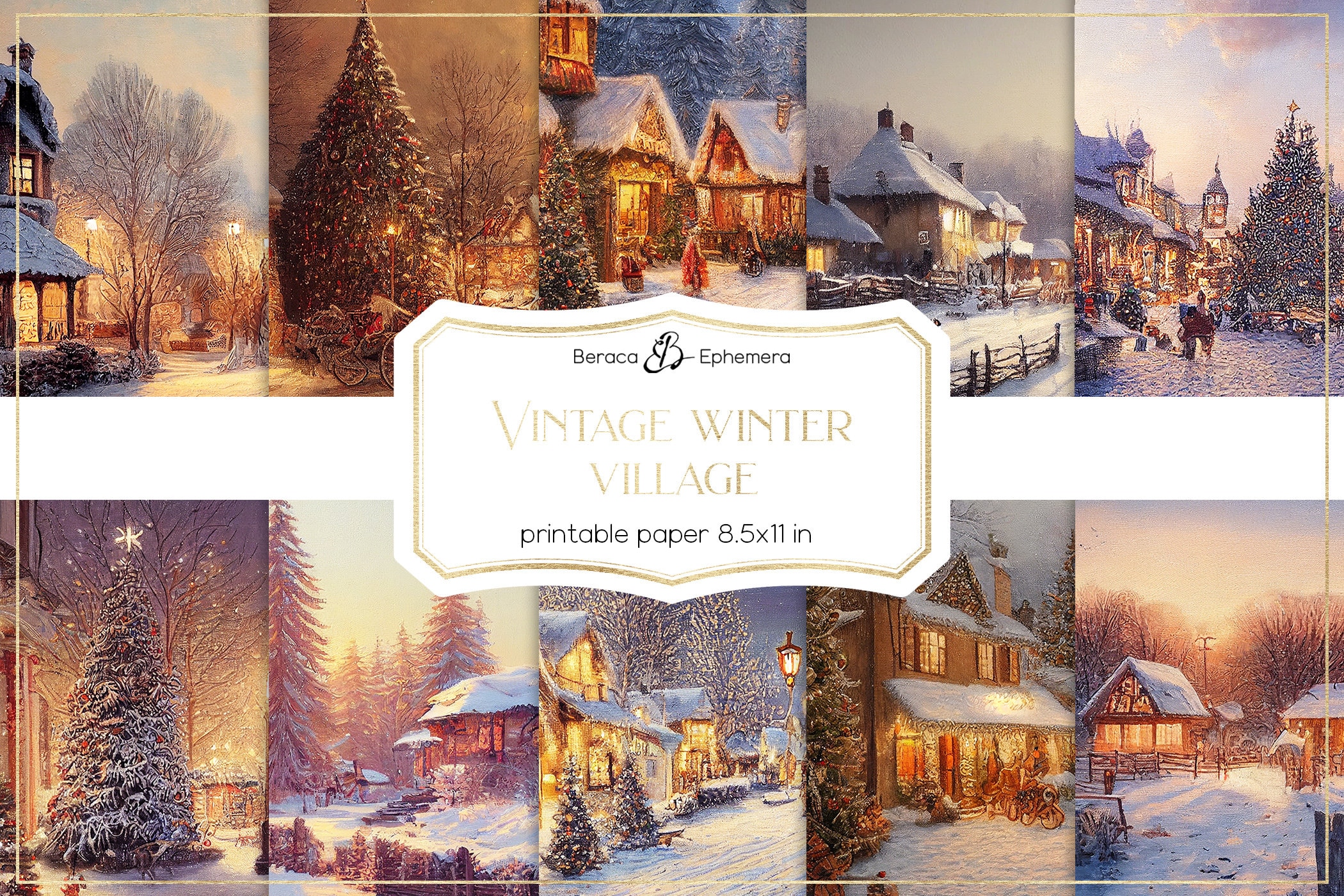 Vintage Winter Village Digital Paper, Snow Printable Scrapbook, Antique ...