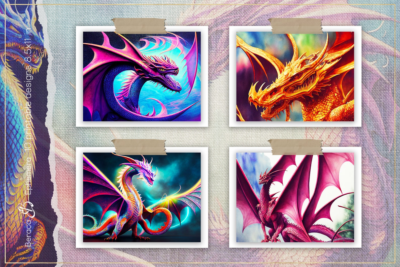 Fire Dragon Digital Paper, Printable Paper, Magical Scrapbooking Paper ...