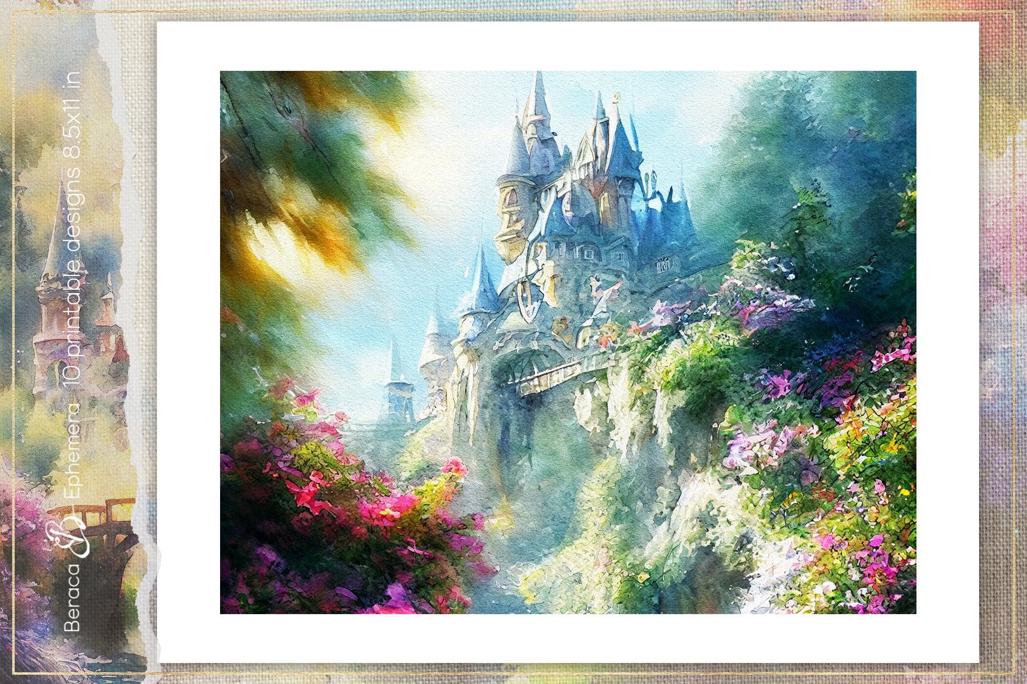 Ethereal Castle Digital Paper, Printable Paper, Watercolor Fantasy ...